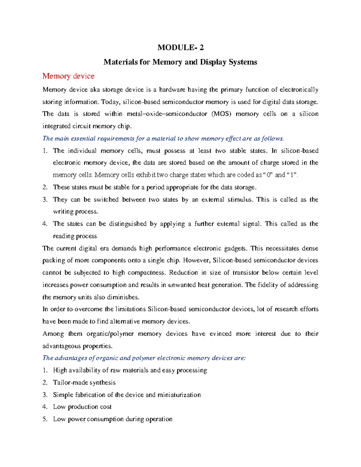 Chemistry Module 2 notes - MODULE- 2 Materials for Memory and Display ...