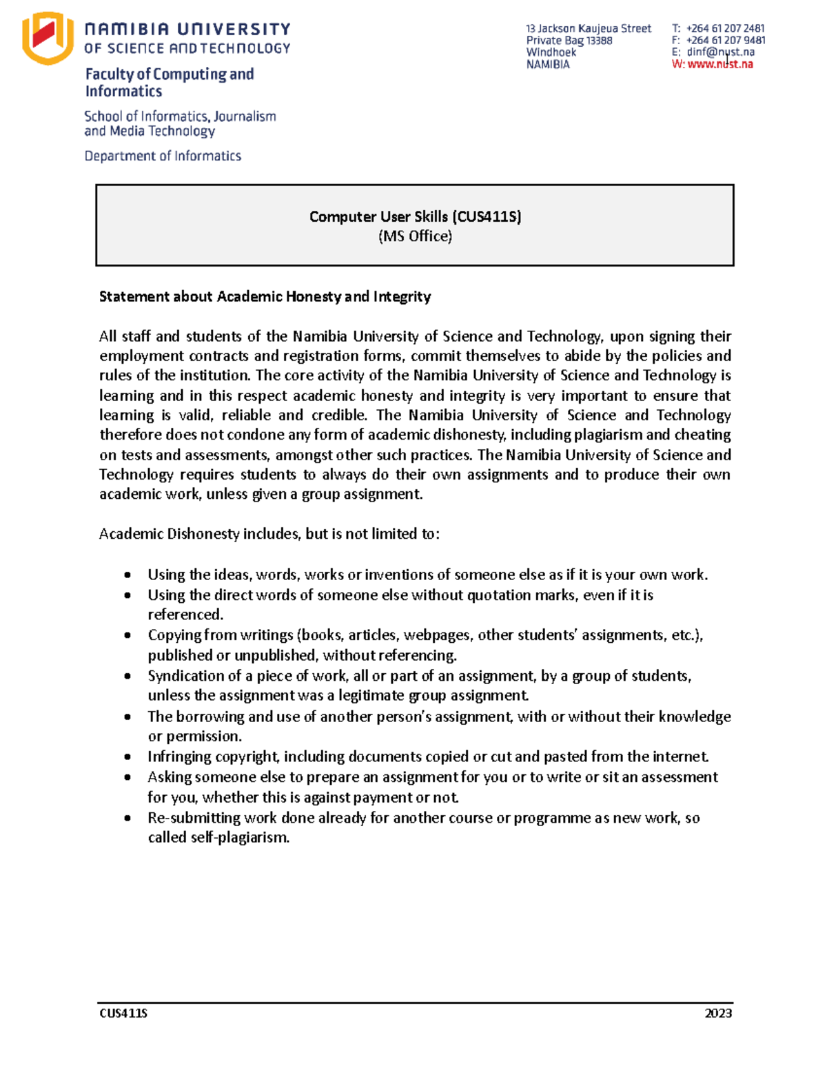 CUS course outline 2023 - Sem 1 - Computer User Skills (CUS411S) (MS ...