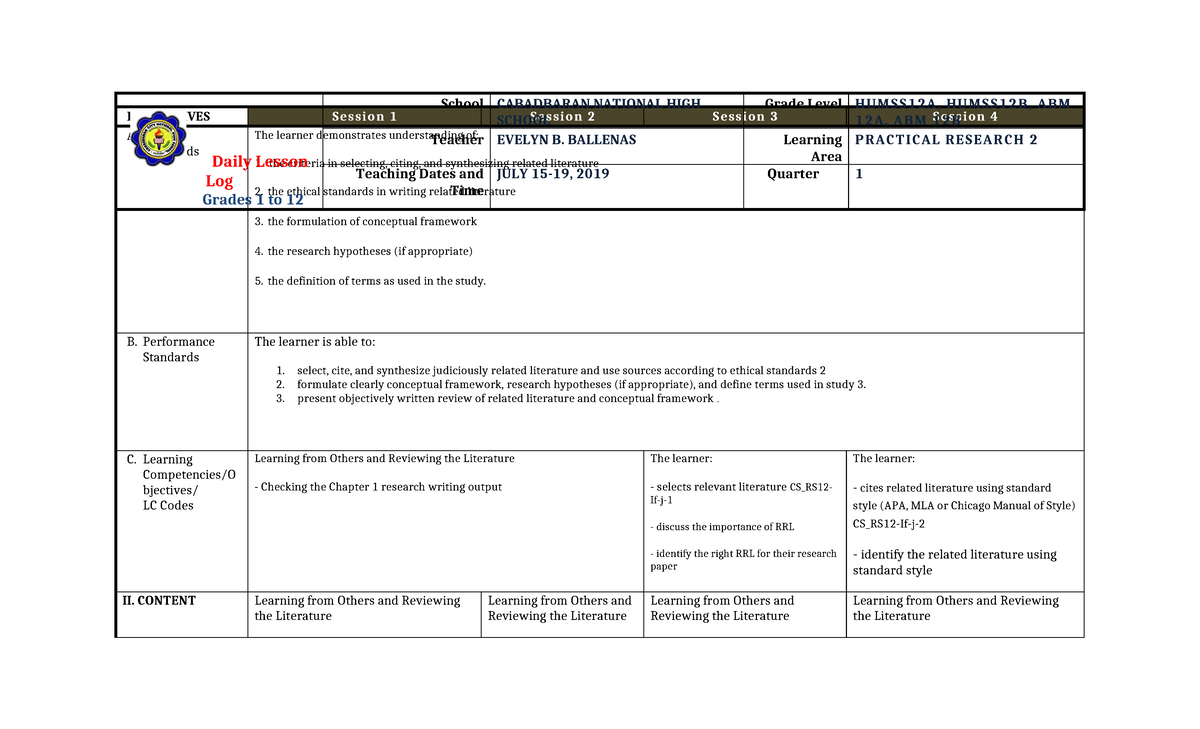 PR 2 July 15 192019 - DLL for teachers - I. OBJECTIVES Session 1 Session 2 Session 3 Session 4 A ...