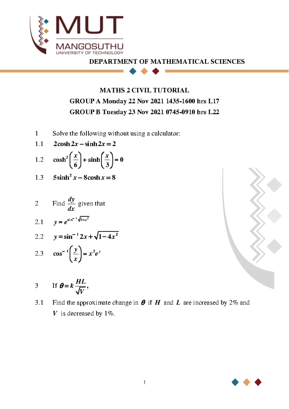 Maths 2 Civil 2021 Sem 1 Tutorial 21 22 Nov 2021 - 1 MATHS 2 CIVIL ...