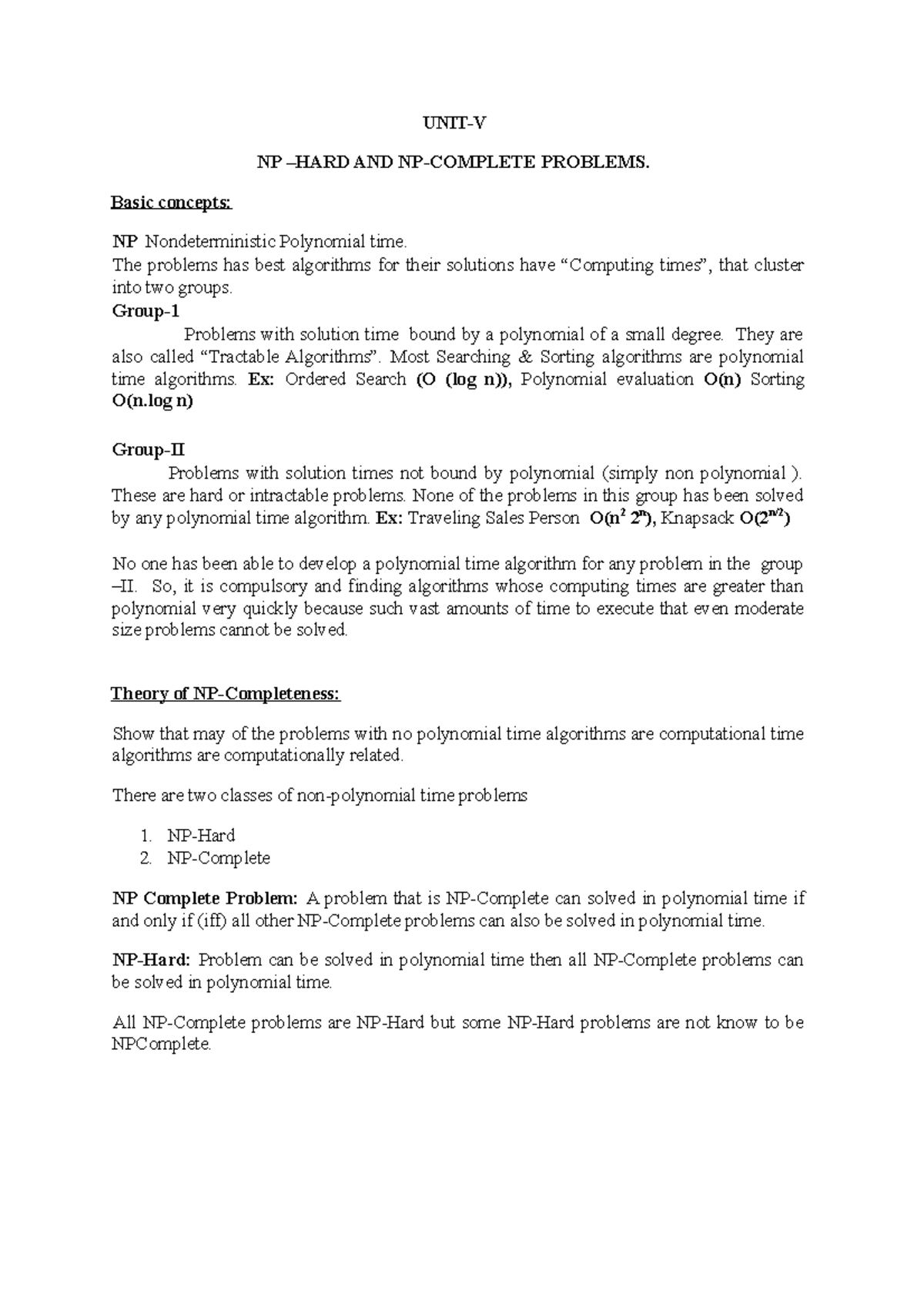 5.UNIT 5 - UNIT 5 - UNIT-V NP –HARD AND NP-COMPLETE PROBLEMS. Basic ...