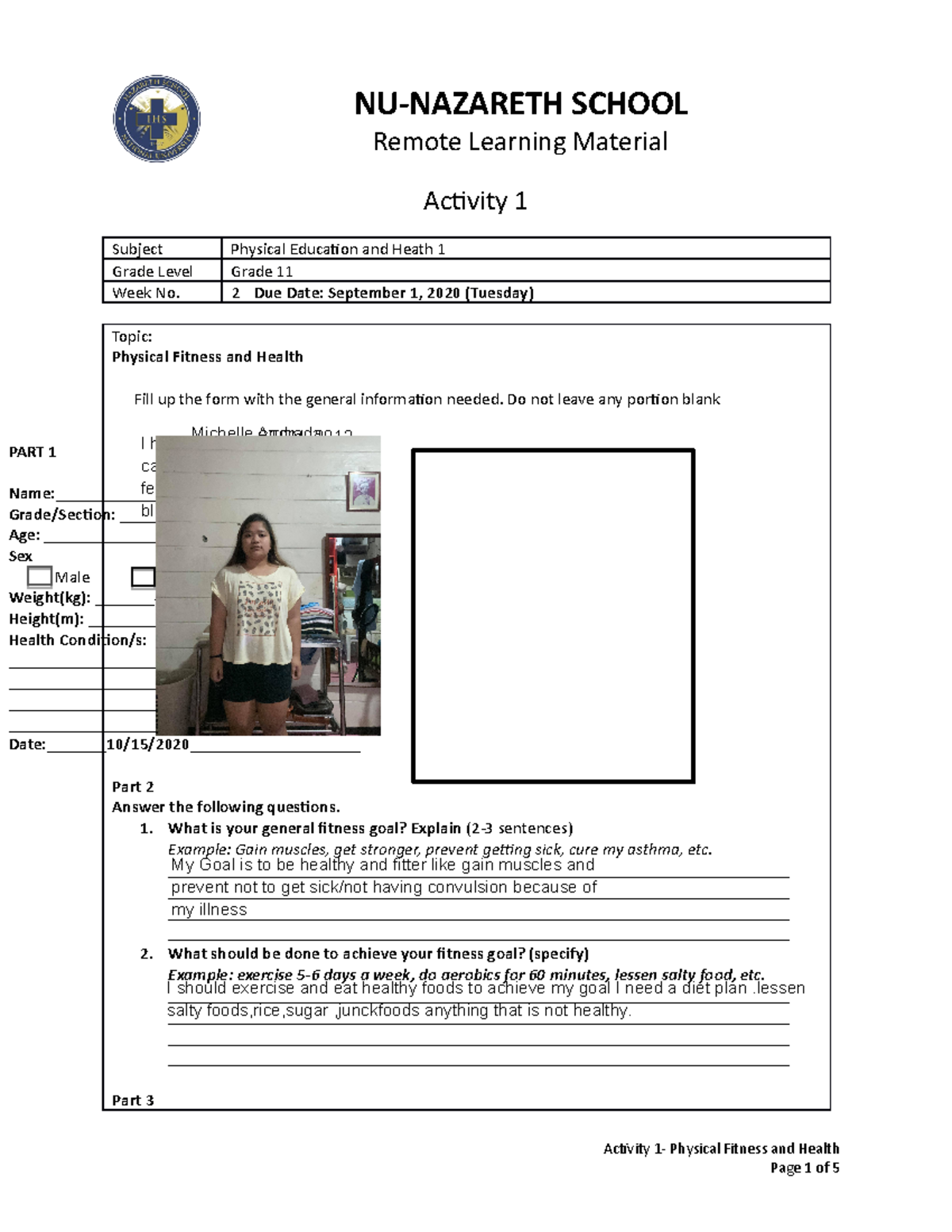 Katherine - none - Remote Learning Material Activity 1 Subject Physical ...