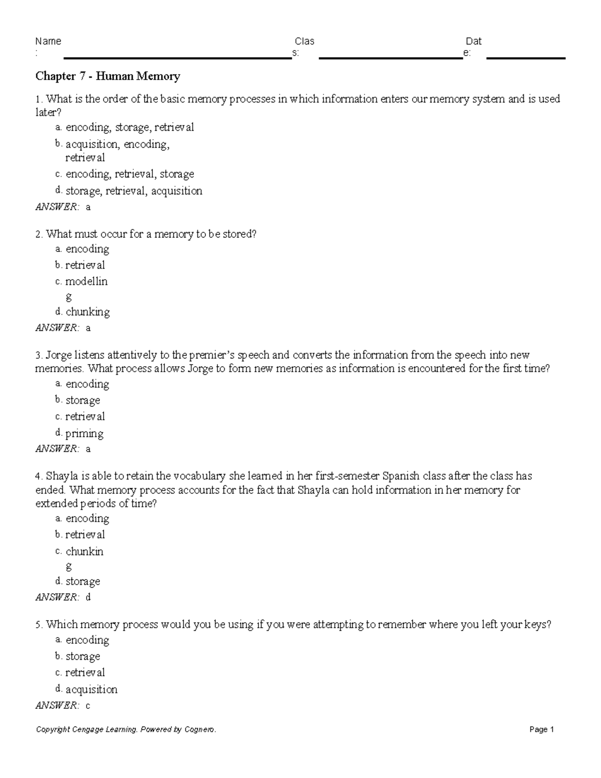 Chapter 7 Human Memory - Test banks for first year psych. Many of these ...