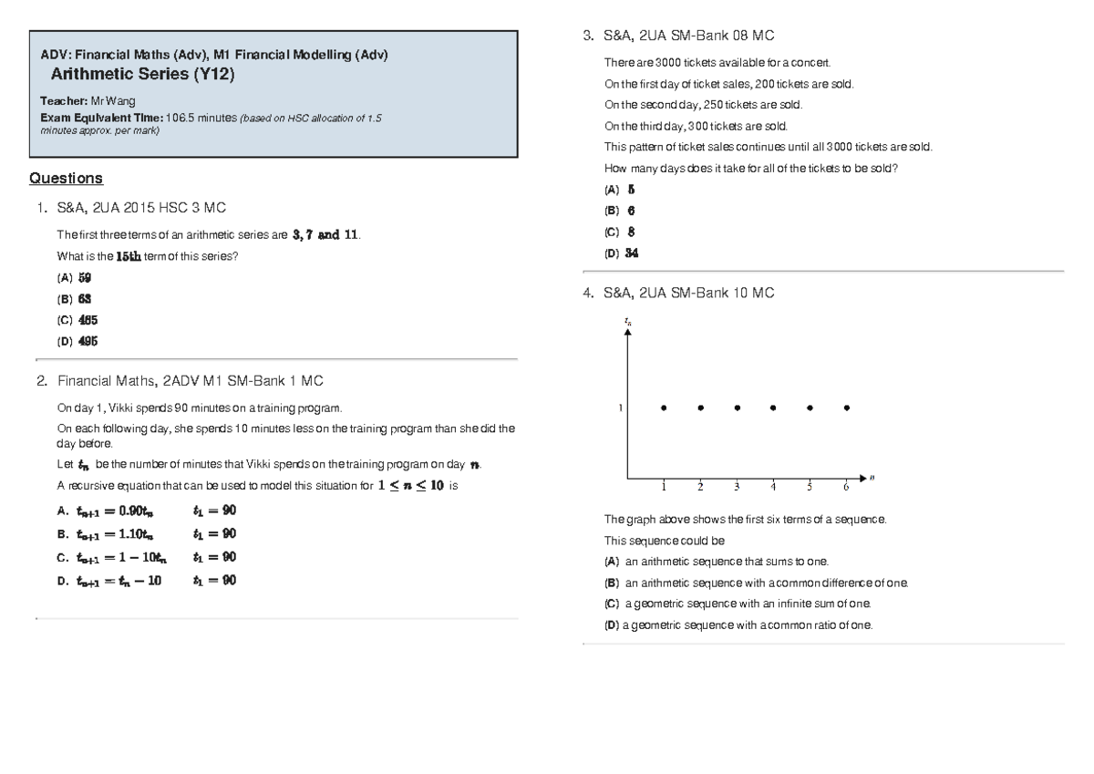 2. Arithmetic Series (Y12) - 1. S&A, 2UA 2015 HSC 3 MC 2. Financial ...