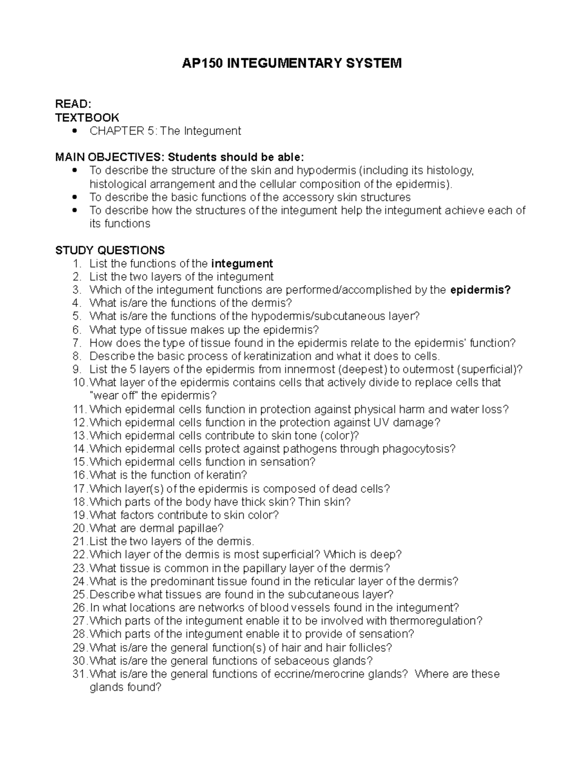 Ch. 5 Integument Study Guide - AP150 INTEGUMENTARY SYSTEM READ ...