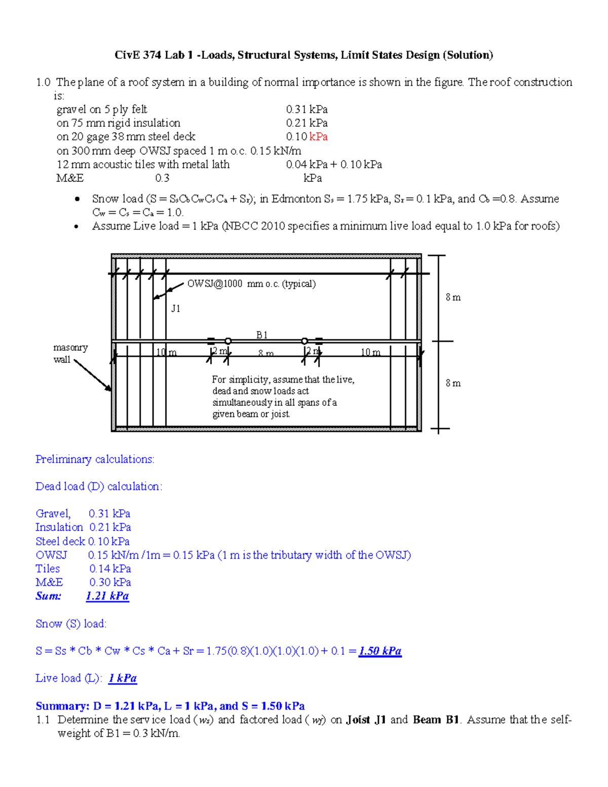 Lab 1 - Statement and Solution - CivE 374 Lab 1 -Loads, Structural ...