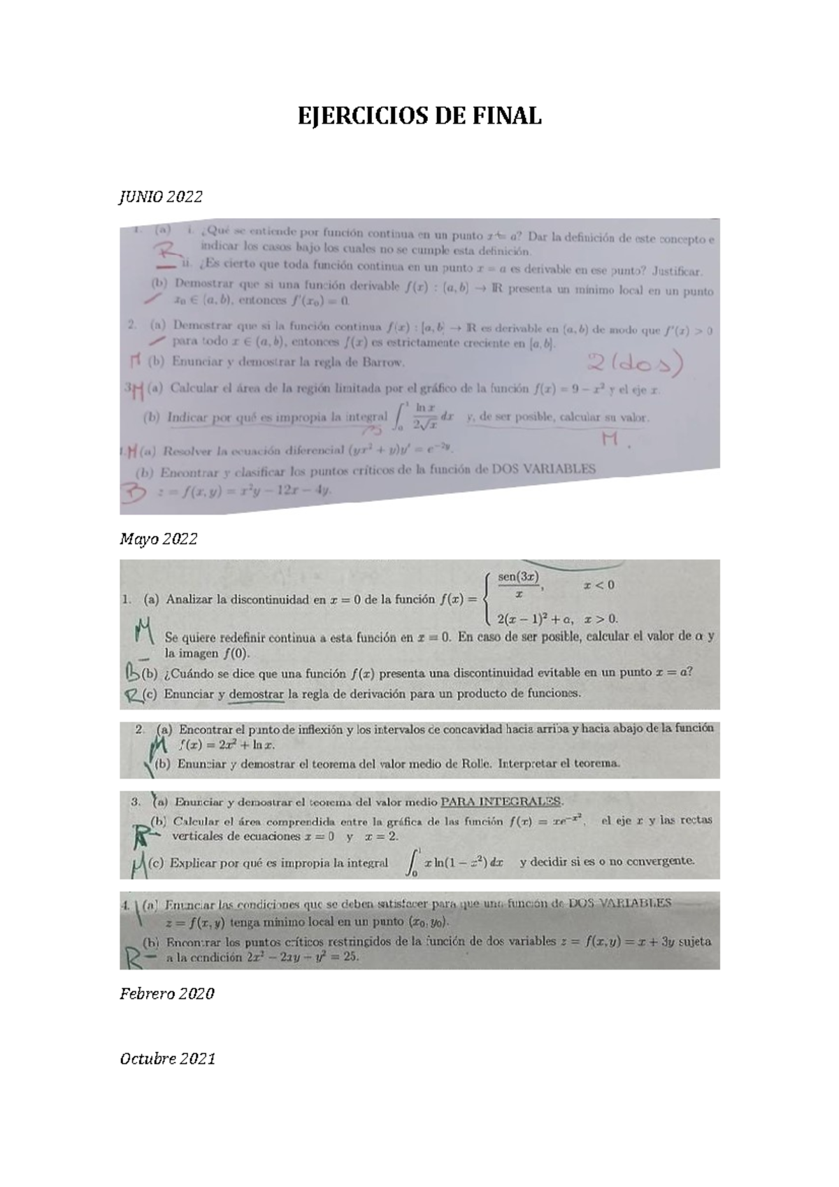 0. Ejercicios Final - EJERCICIOS DE FINAL JUNIO Mayo Febrero Octubre 1ERA PARTE CURSO INTENSIVO ...