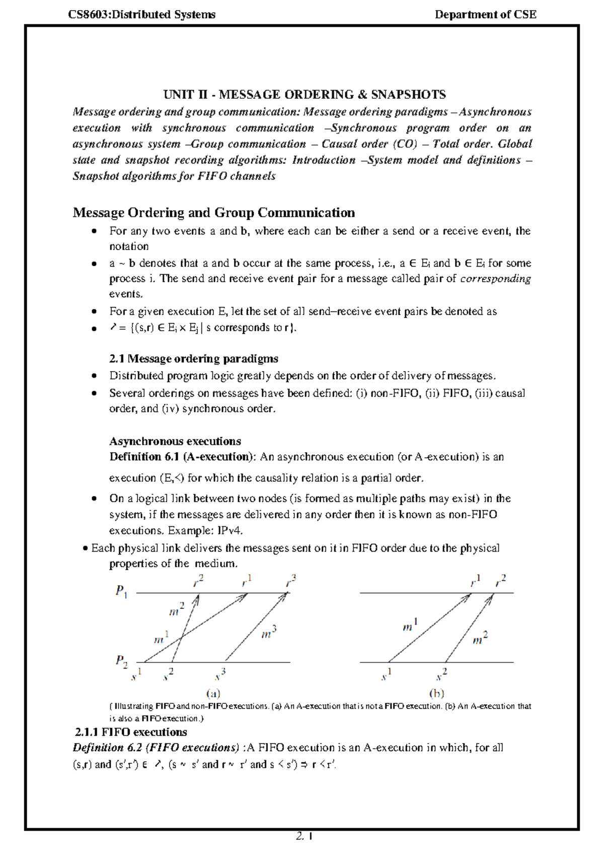 U2 - Ds pdf - UNIT II - MESSAGE ORDERING & SNAPSHOTS Message ordering and group communication ...