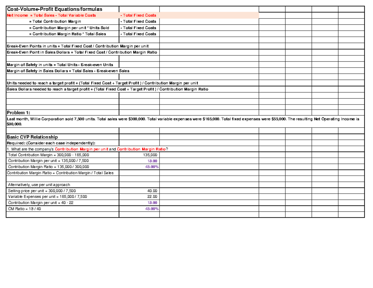 Chapter 2 CVP Handout Excel - Cost-Volume-Profit Equations/formulas Net ...