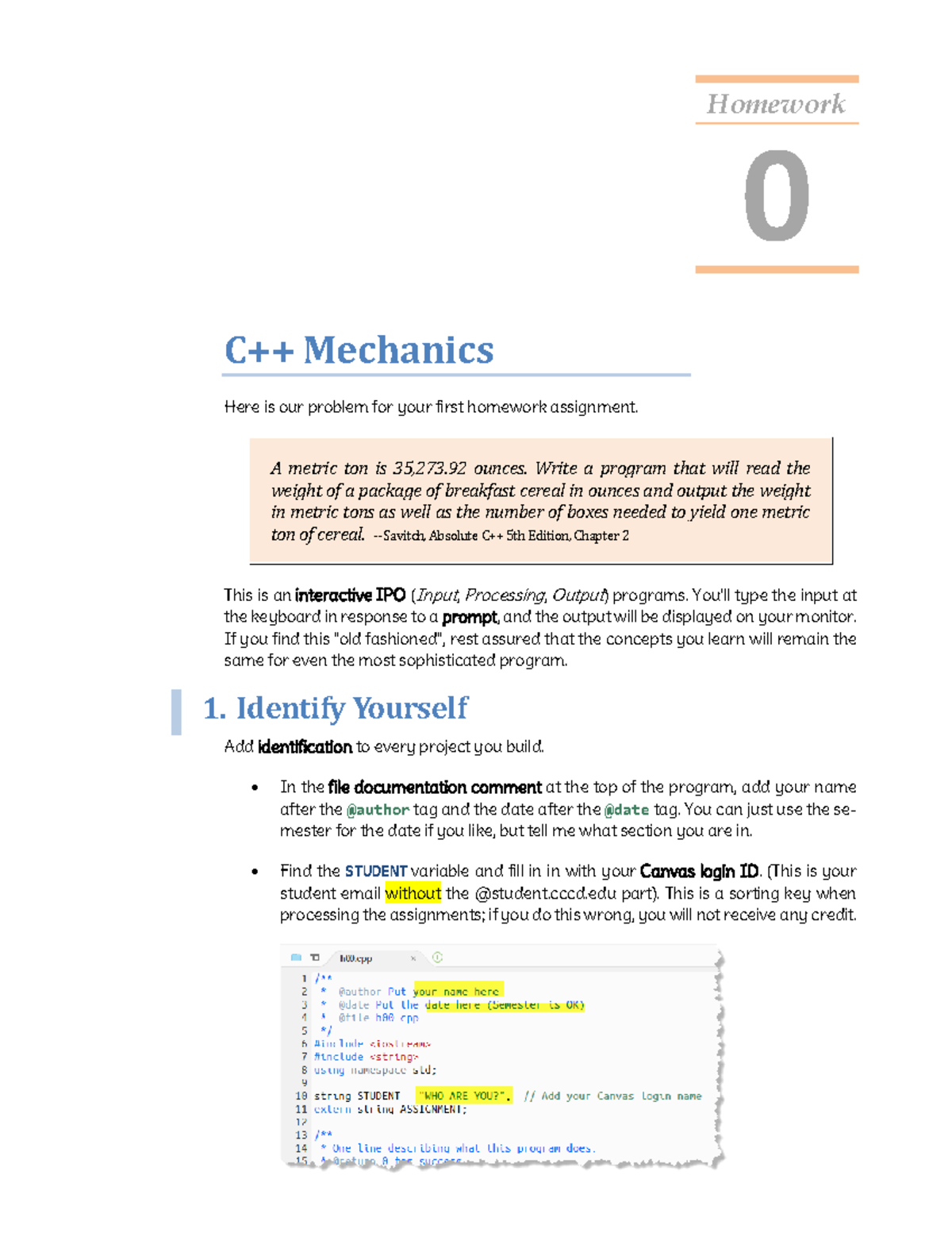 Lesson 1 - H00 - C++ Mechanics - CS A150 - OCC - Studocu