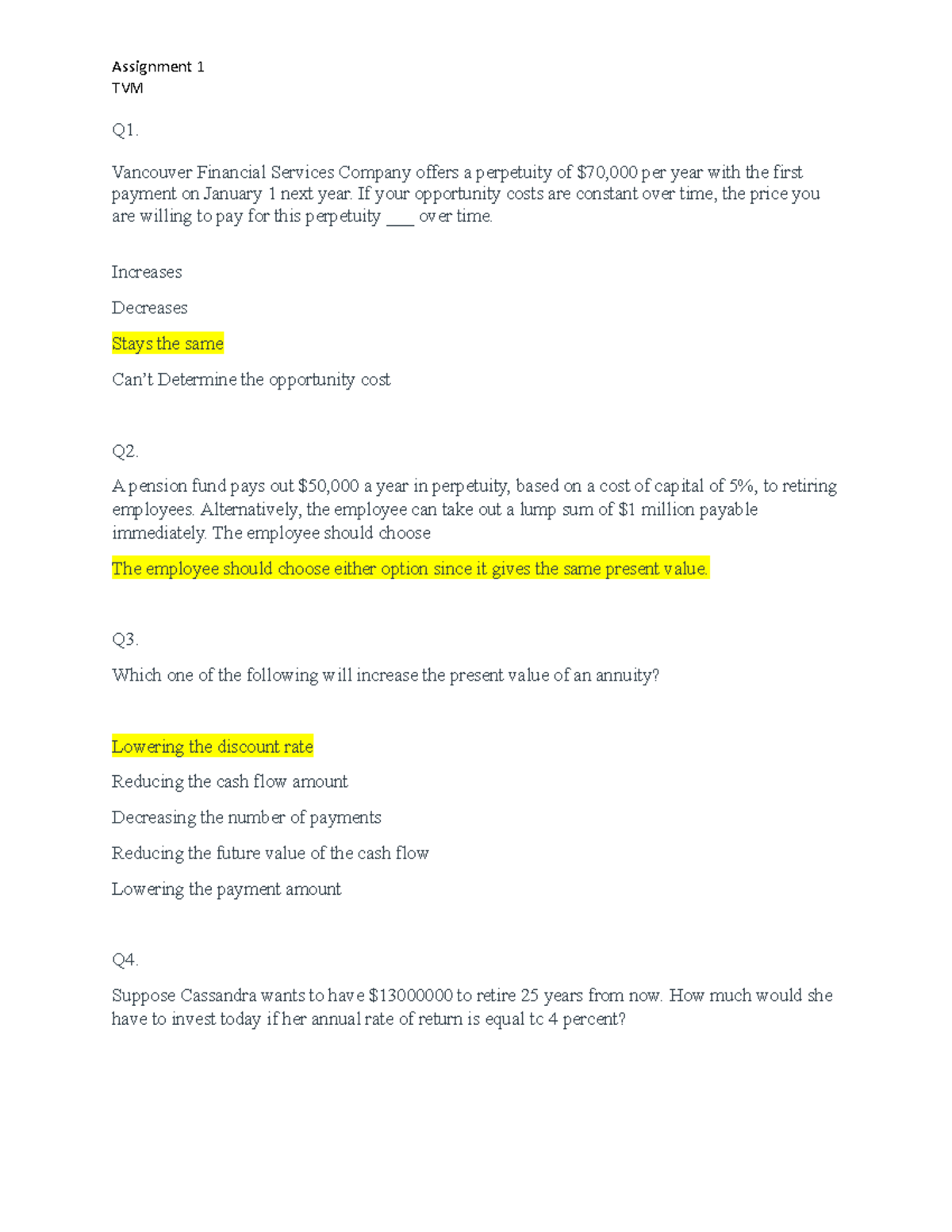 Assignment 1 TVM - Multiple choice and Long Answers -Solutions Included - Assignment 1 TVM Q1 ...
