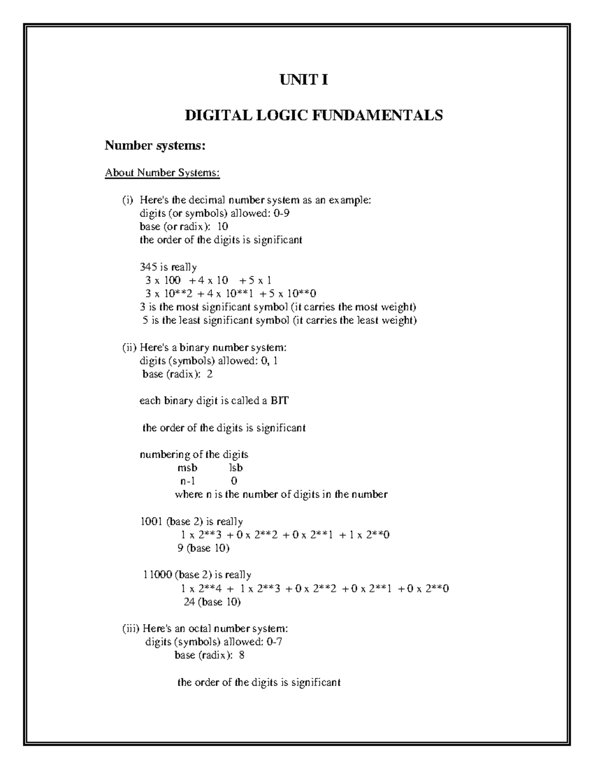 Unit 1 - Digital logic fundamentals: Number systems Boolean algebra ...