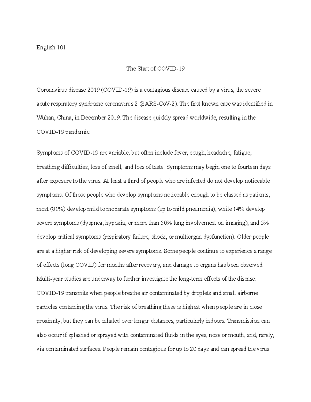 Essay on Covid-19 - English 101 The Start of COVID- Coronavirus disease ...