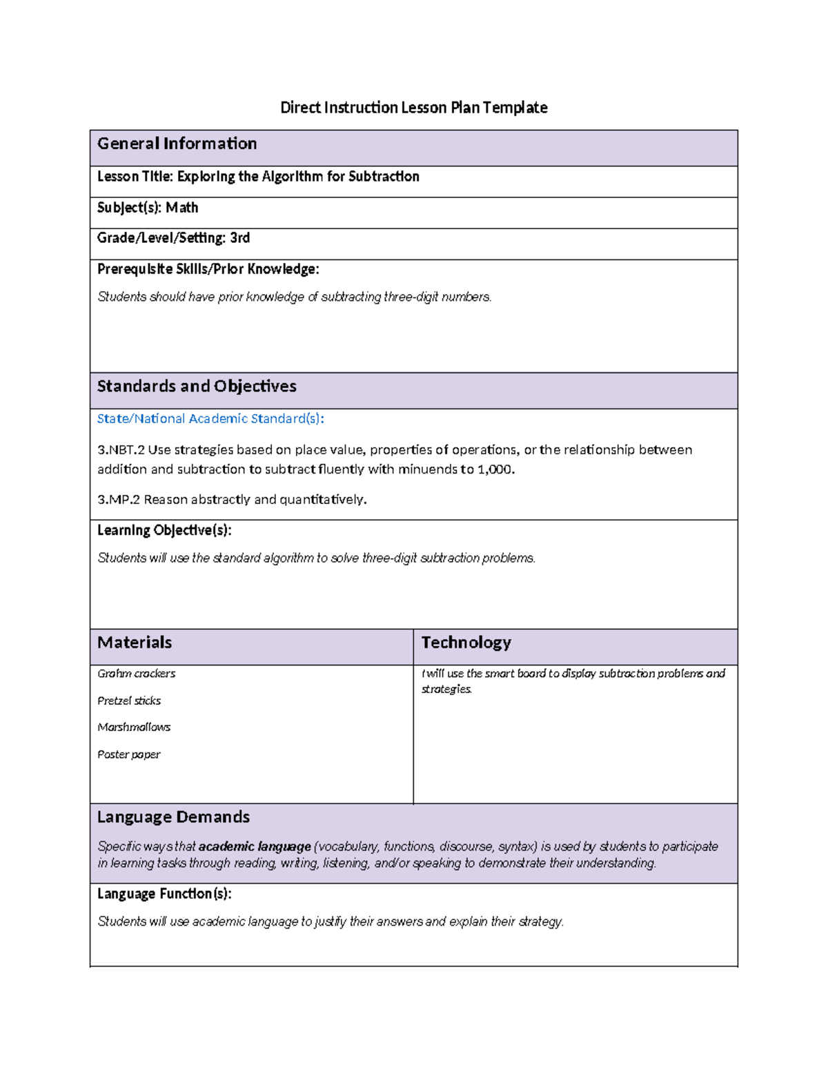 Standard algorithm - Lesson plan - Direct Instruction Lesson Plan ...