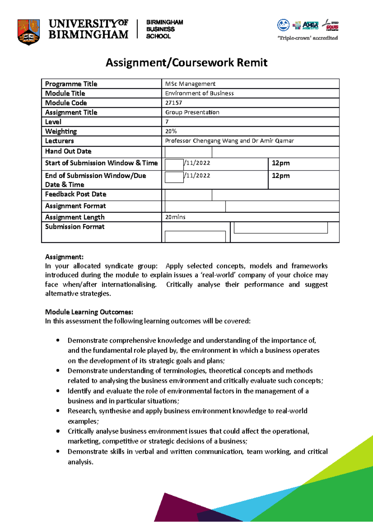 Eo B (27157) Group Assignment Remit 2022-2023 - Assignment/Coursework Remit Programme Title MSc ...