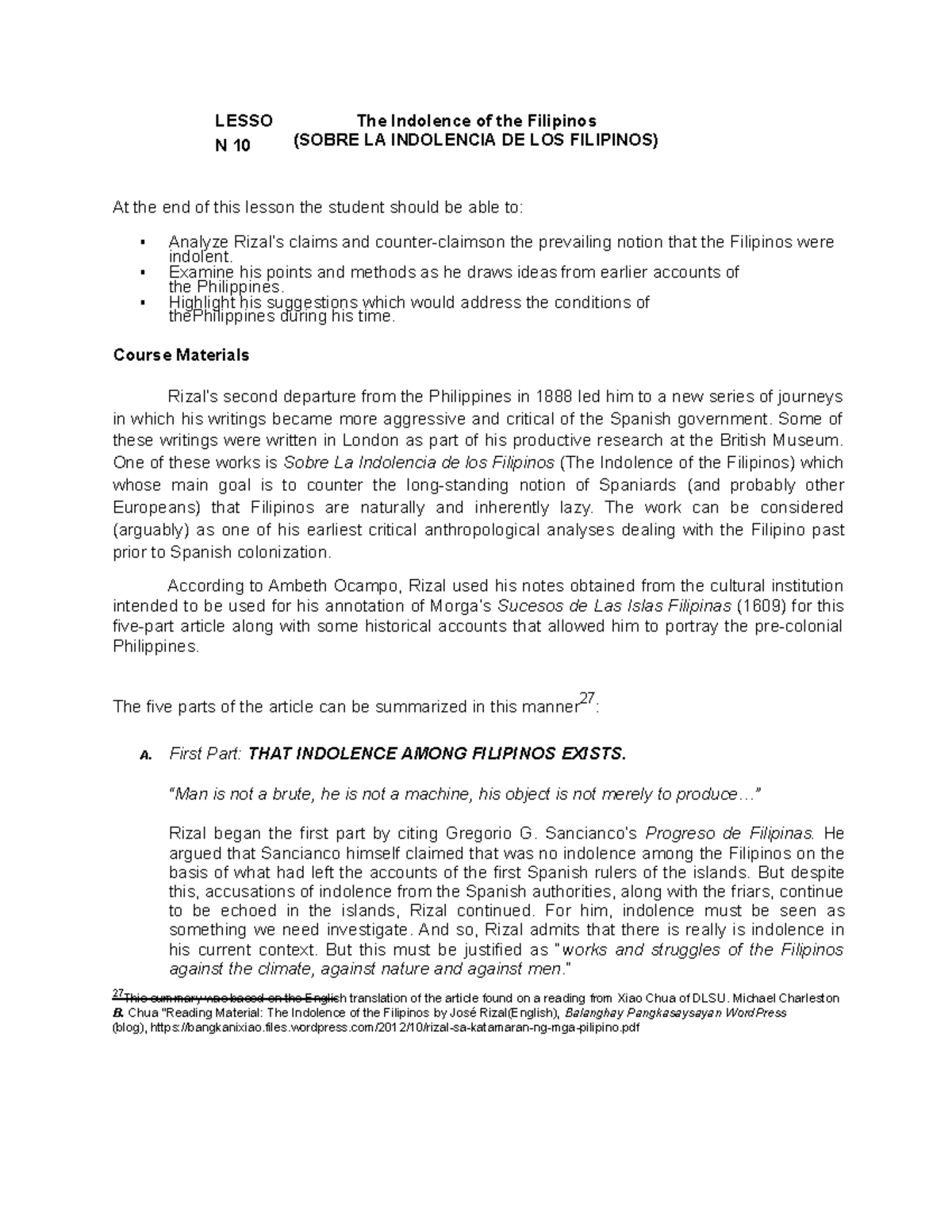 Rizal unit 5 L10 - L12 IM-1 - LESSO N 10 The Indolence of the Filipinos (SOBRE LA INDOLENCIA DE ...
