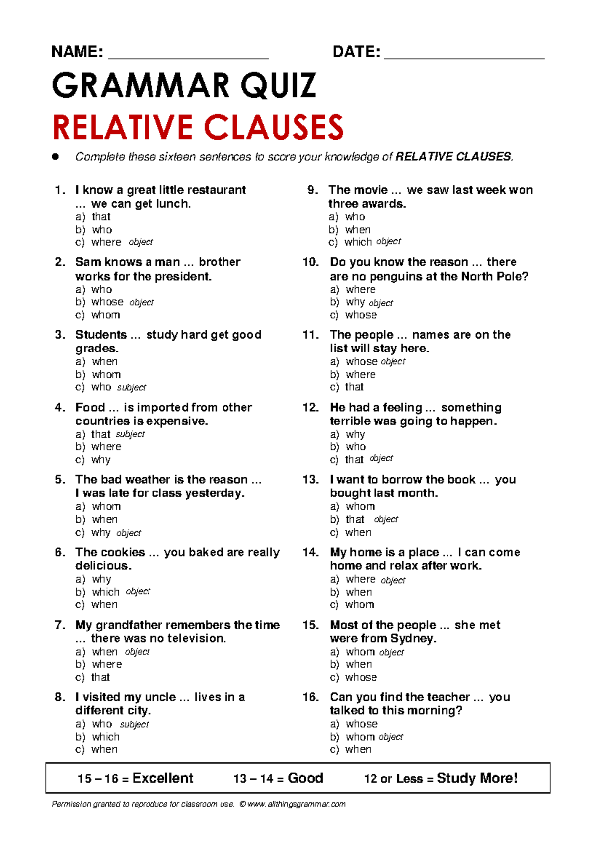 Relative Clauses QUIZ - son preguntas que puede llegar a tomar ne un ...
