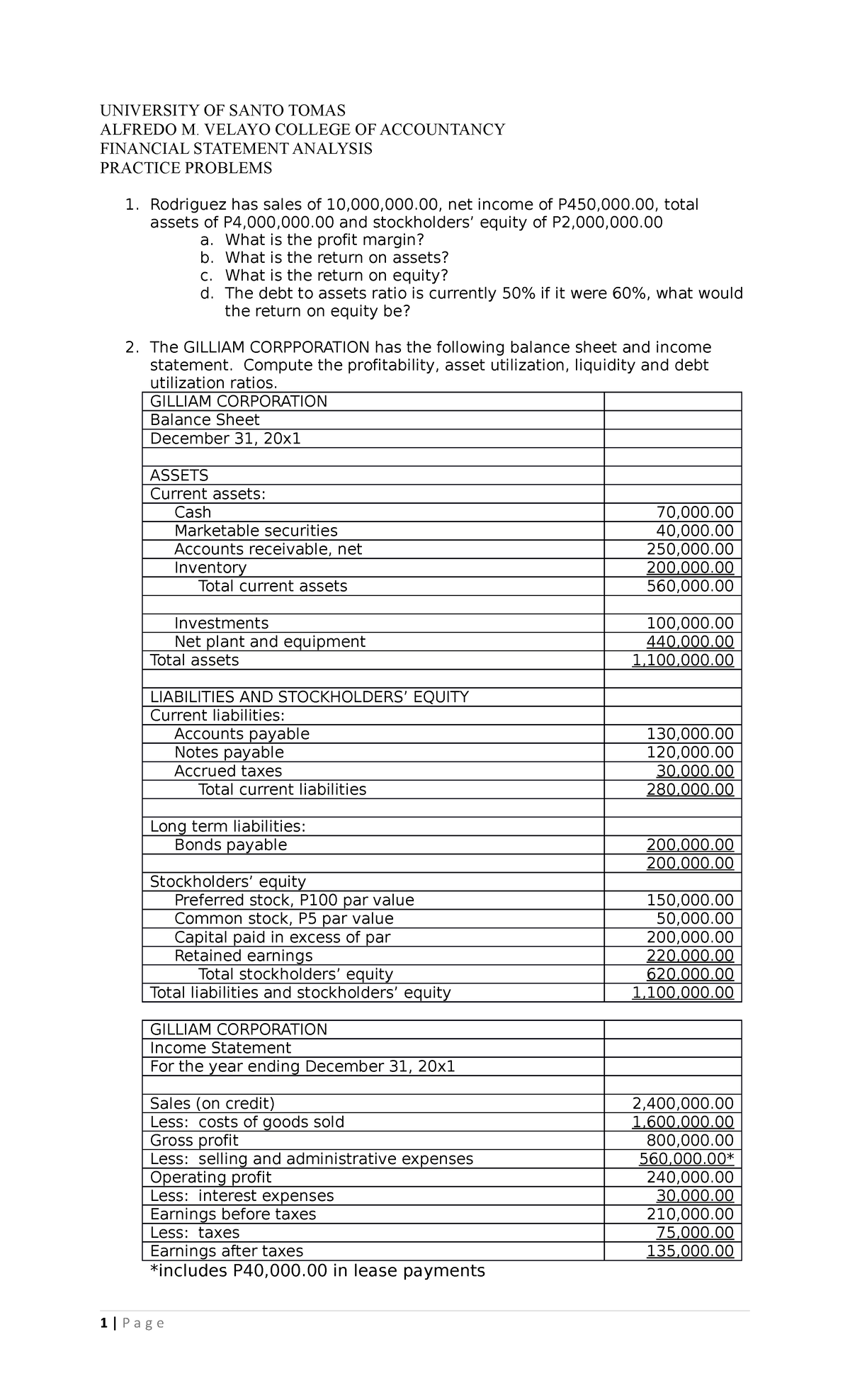 FS Analysis - Problems - hiii - UNIVERSITY OF SANTO TOMAS ALFREDO M ...
