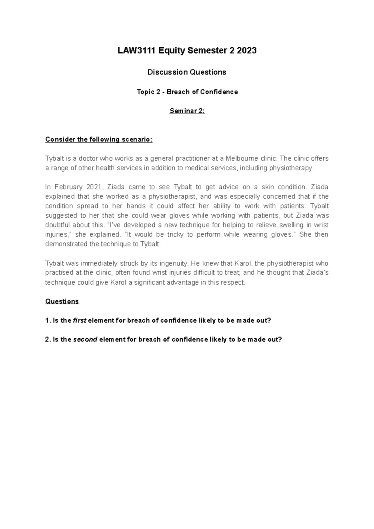 NH Seminars 2 and 3 BOC Prac Qs - LAW3111 Equity Semester 2 2023 ...