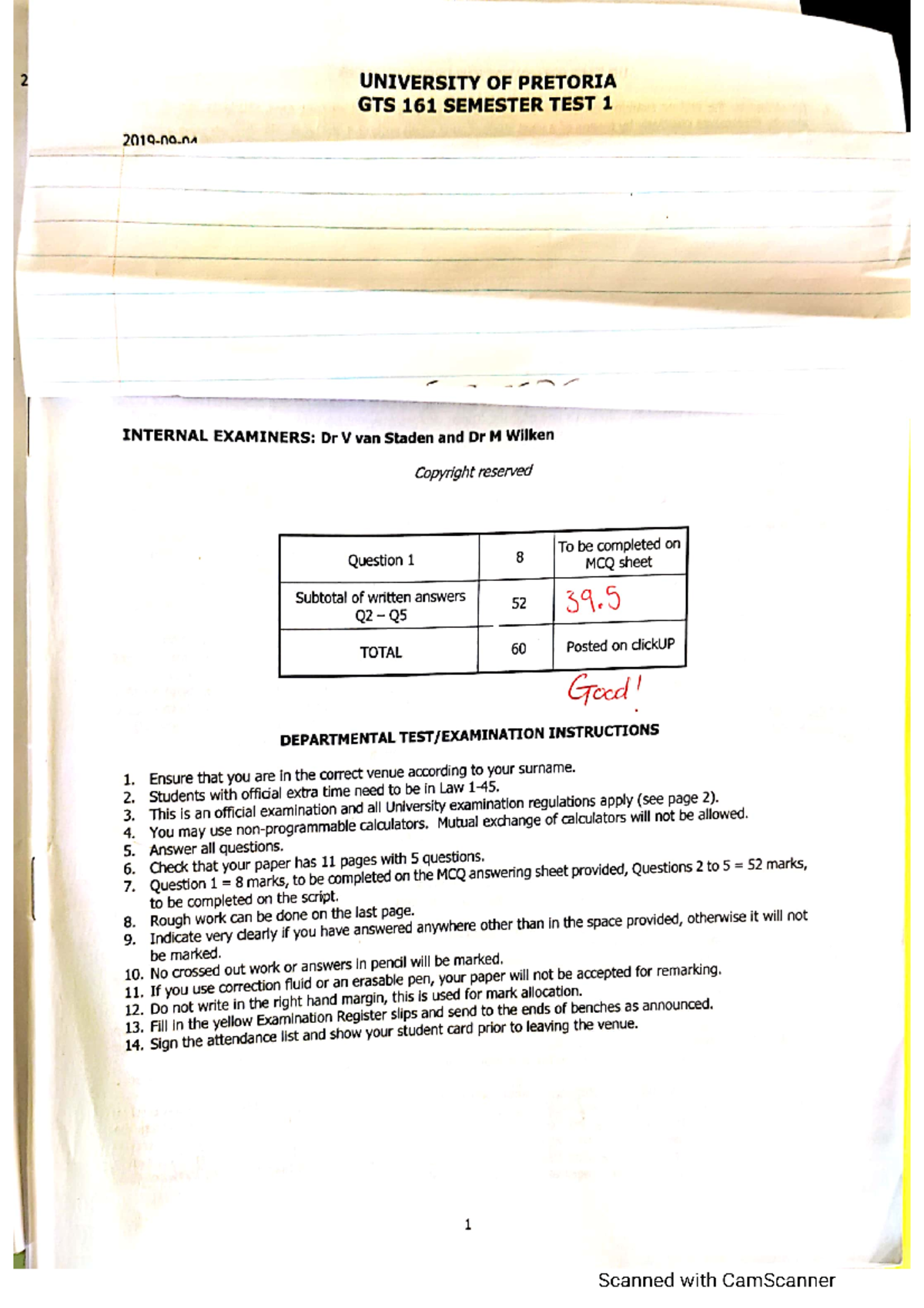 GTS 161 SEM TEST 2 SEPT 2019 - GTS 161 - UP - Studocu