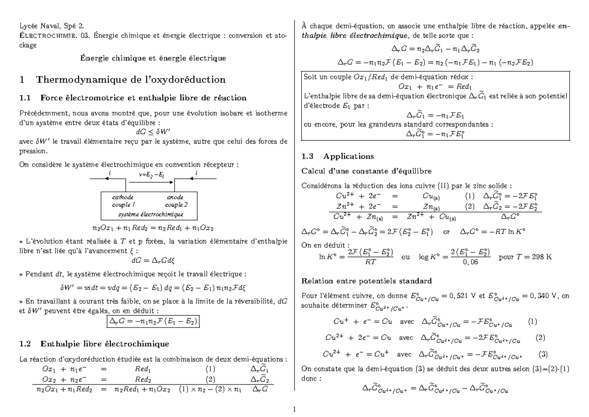 Energie chimique et energie electrique cours - Lycée Naval, Spé 2 ...