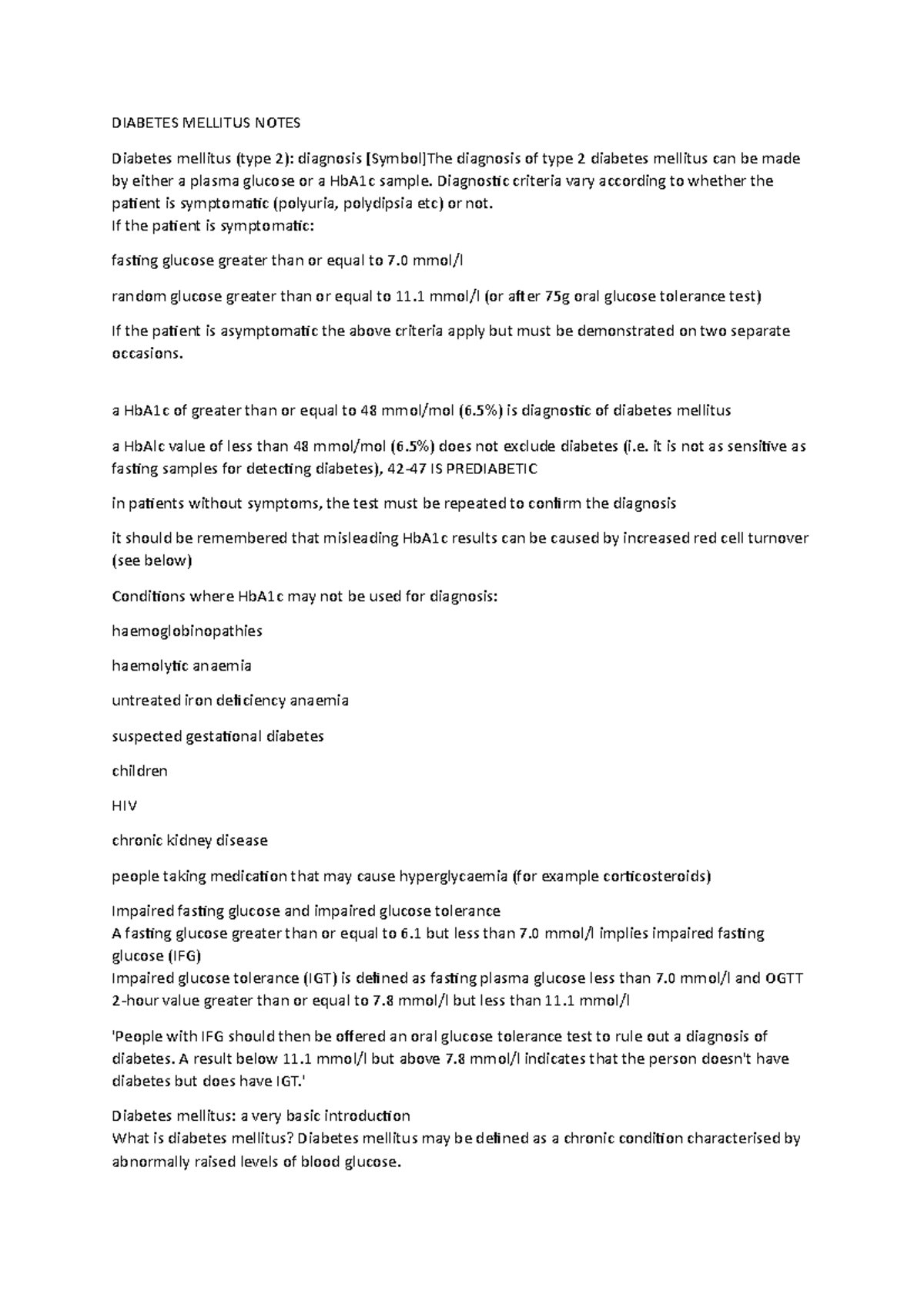 Diabetes Mellitus Notes - DIABETES MELLITUS NOTES Diabetes mellitus ...