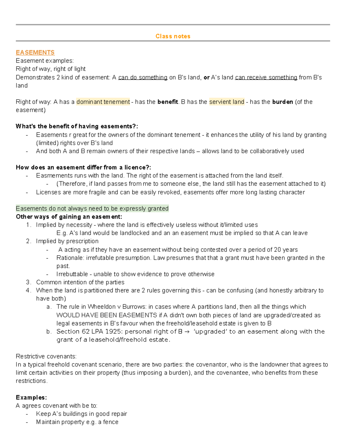 easements/covenants class - Class notes EASEMENTS Easement examples ...