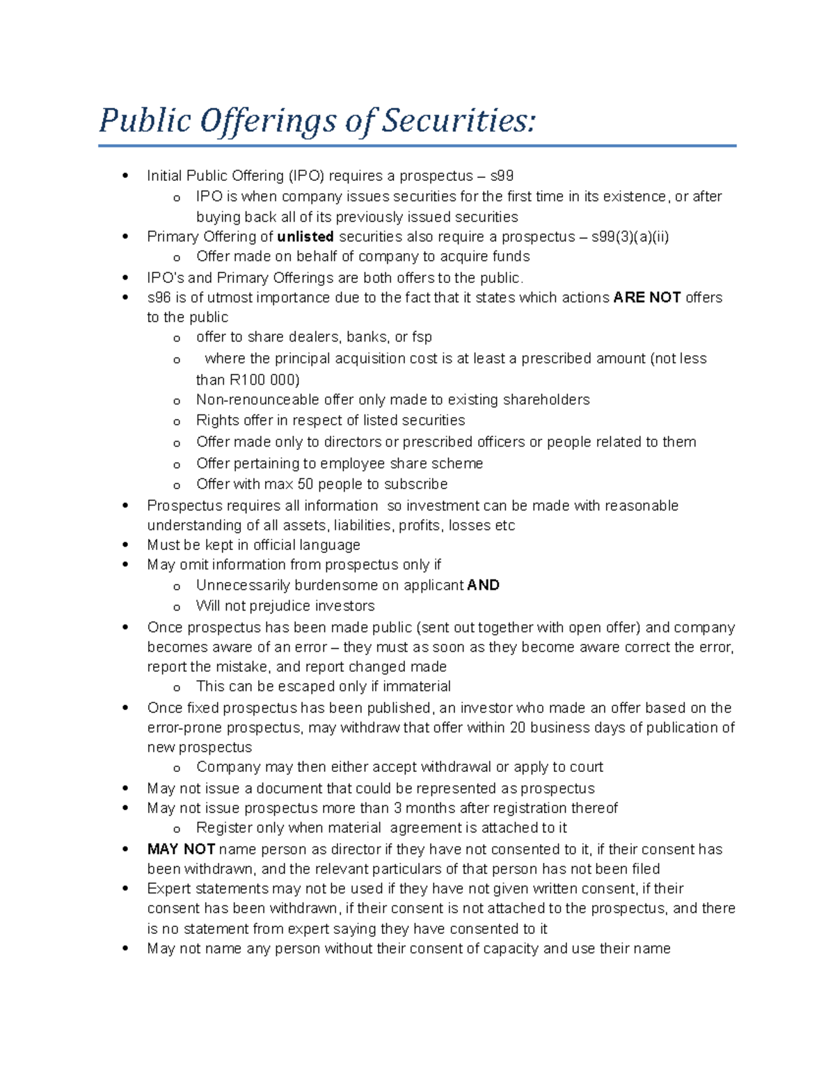 Public Offerings of Securities - s96 is of utmost importance due to the ...