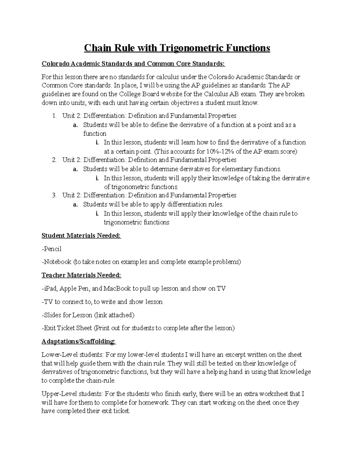 Lesson Plan-Chain Rule with Trig - Chain Rule with Trigonometric ...