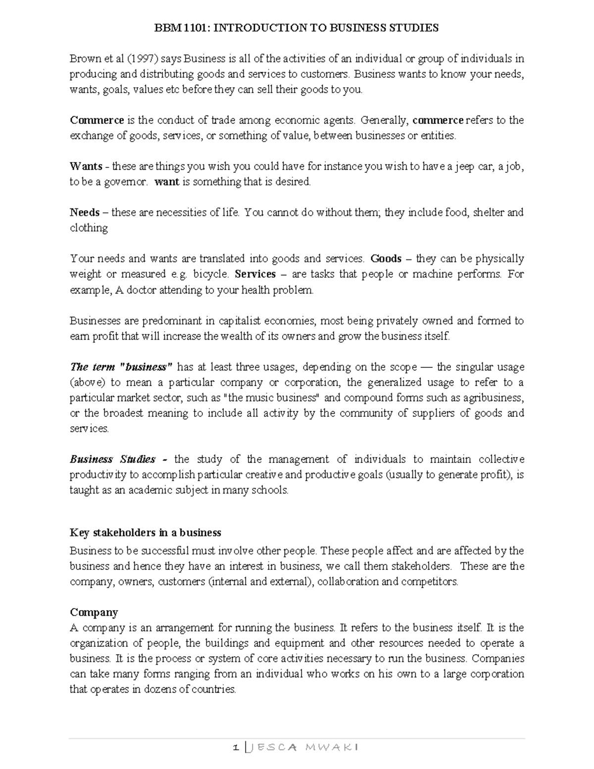 PART A BBM 1101 BUSS - Introduction to business lecture notes - BBM ...