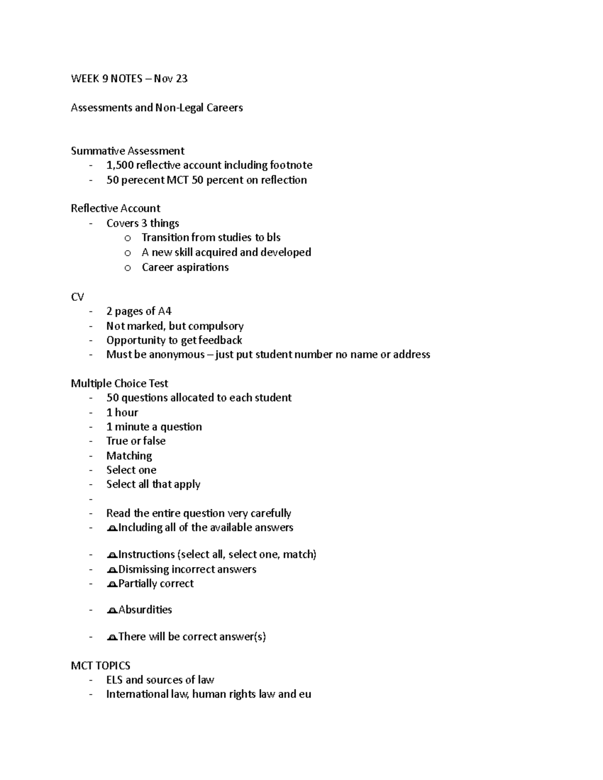 WEEK 9 Notes - WEEK 9 NOTES – Nov 23 Assessments and Non-Legal Careers ...