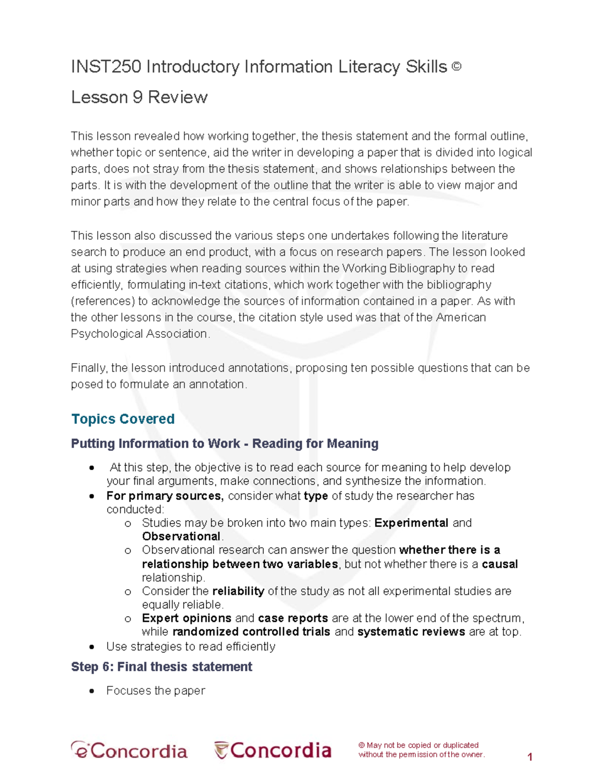 INST250 Lesson 9 Review: Thesis Statement Formal Outline and Research ...