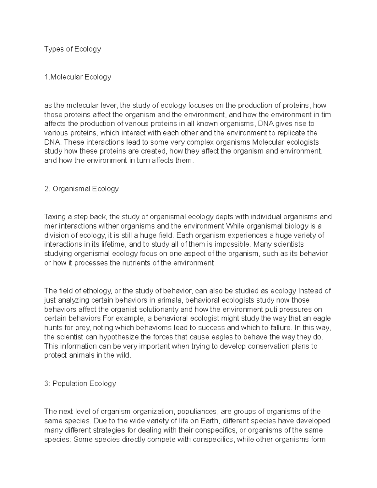 Typesofecology - Notes - Types of Ecology 1 Ecology as the molecular ...