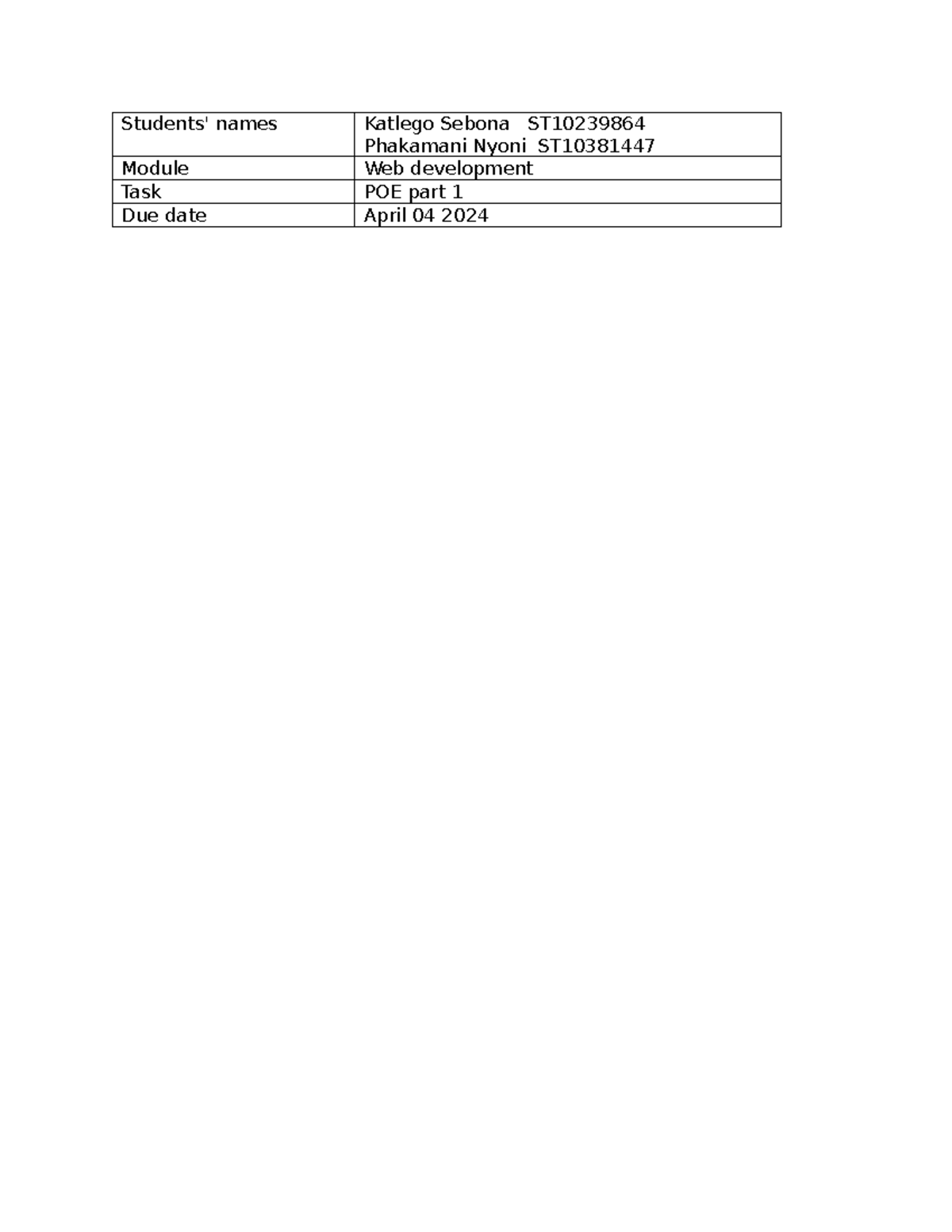 WEDE POE - Module Web development Students' names Katlego Sebona ST ...