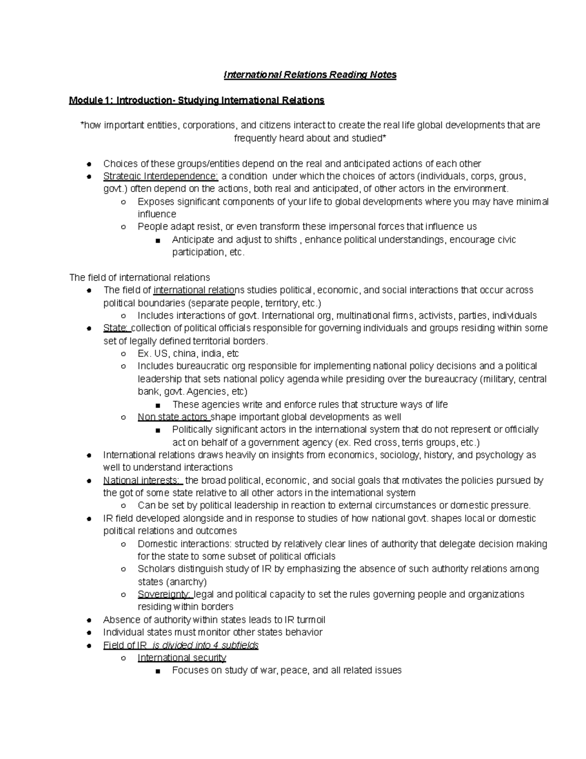 IR Reading Notes (until Midterm) - International Relations Reading ...