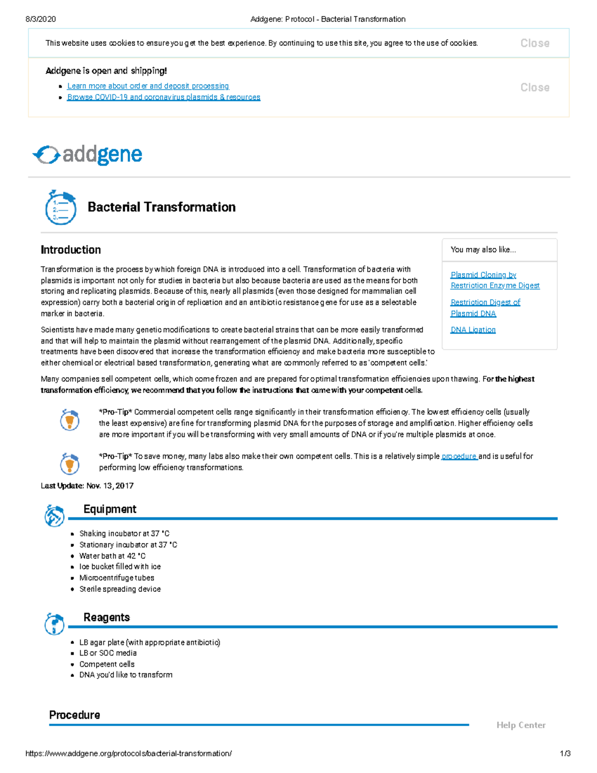 Addgene Protocol - Bacterial Transformation - 8/3/2020 Addgene ...