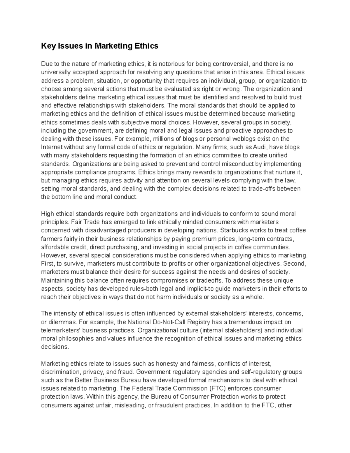 Key Issues in Marketing Ethics - Ethical issues address a problem ...