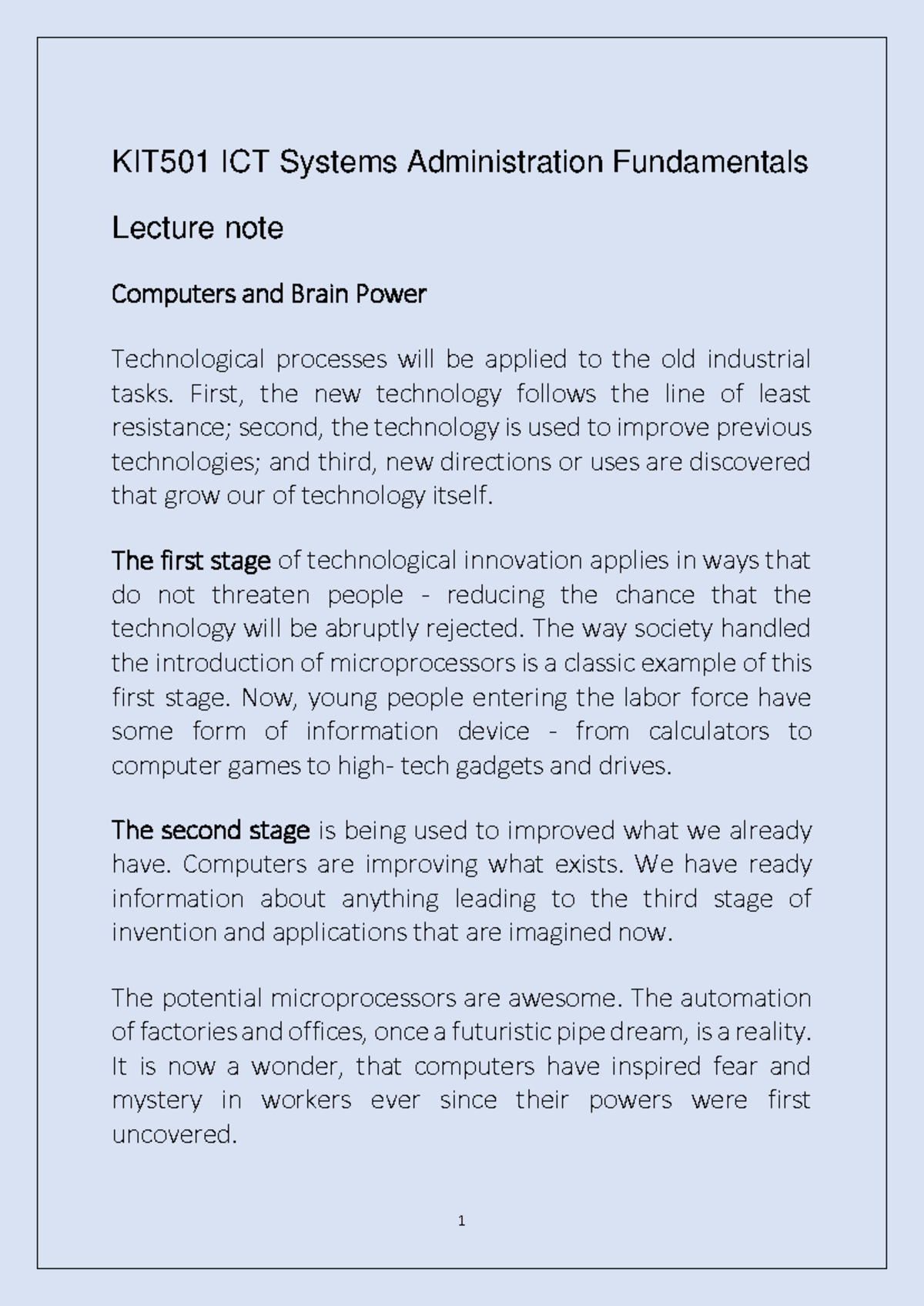 KIT501 ICT Systems Administration Fundamentals lecture note Computers and Brain Power - 1 KIT501 ...
