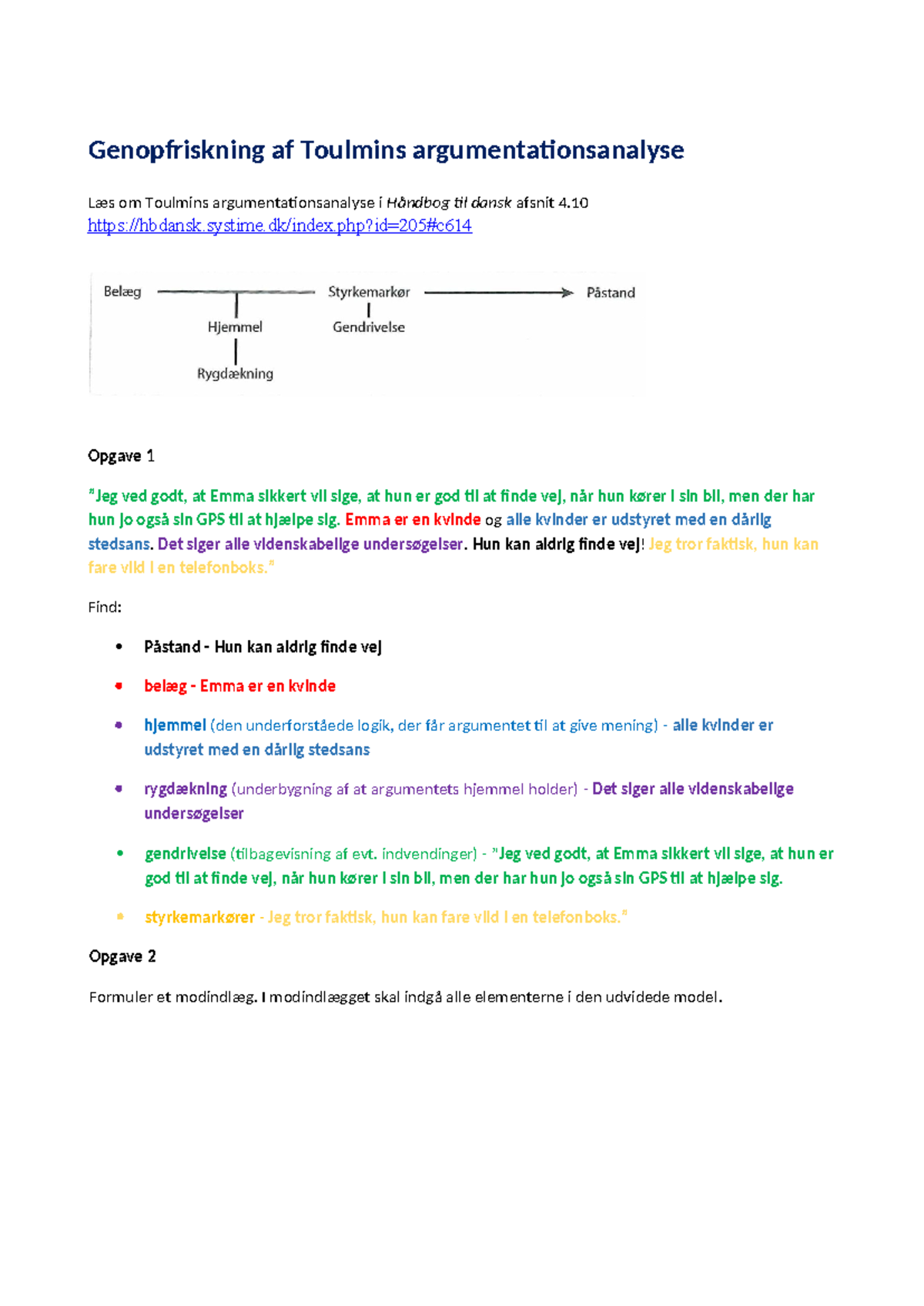 Genopfriskning af Toulmins argumentationsanalyse - hbdansk.systime/index.php?id=205#c Opgave 1 ...