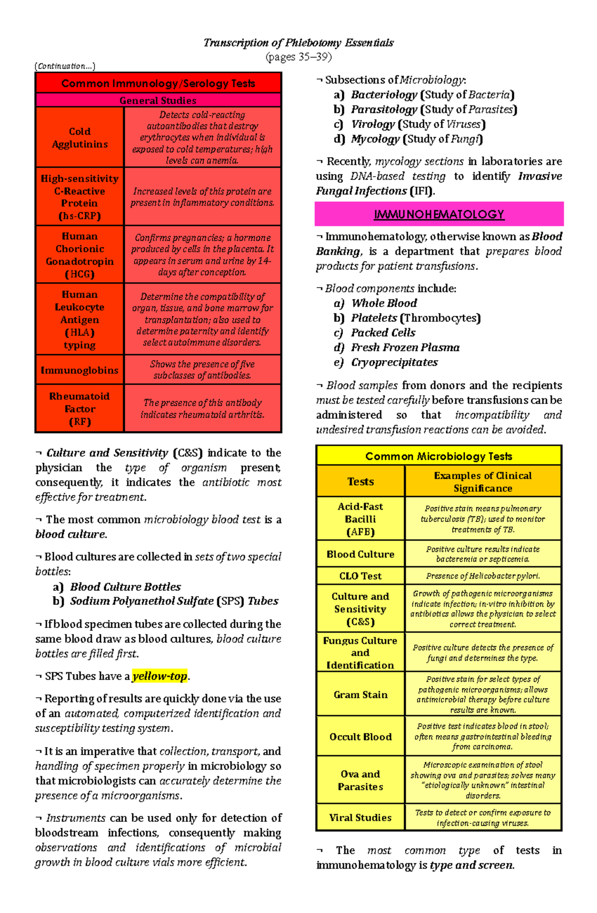 Phleb Trans - Transcription of Phlebotomy Essentials (pages 35–39 ...