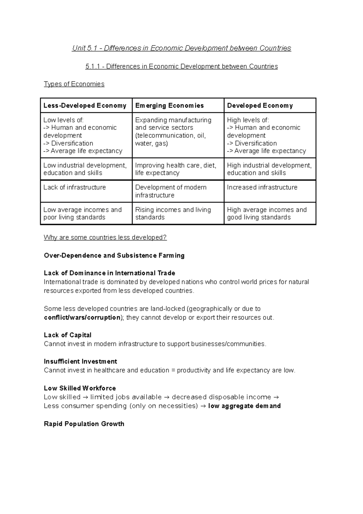 5.1 - Differences in Economic Development between Countries 5.2 ...