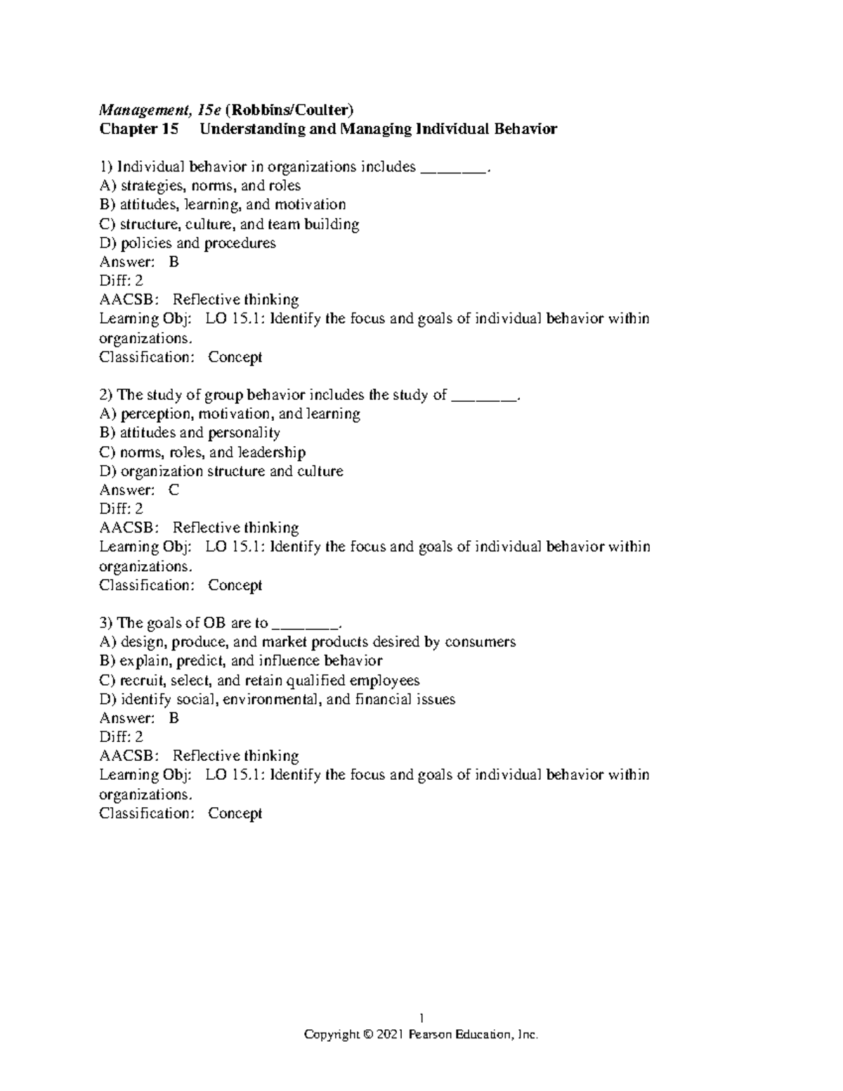 Management Chapter 15 Question Bank - 1 Management, 15e (Robbins ...