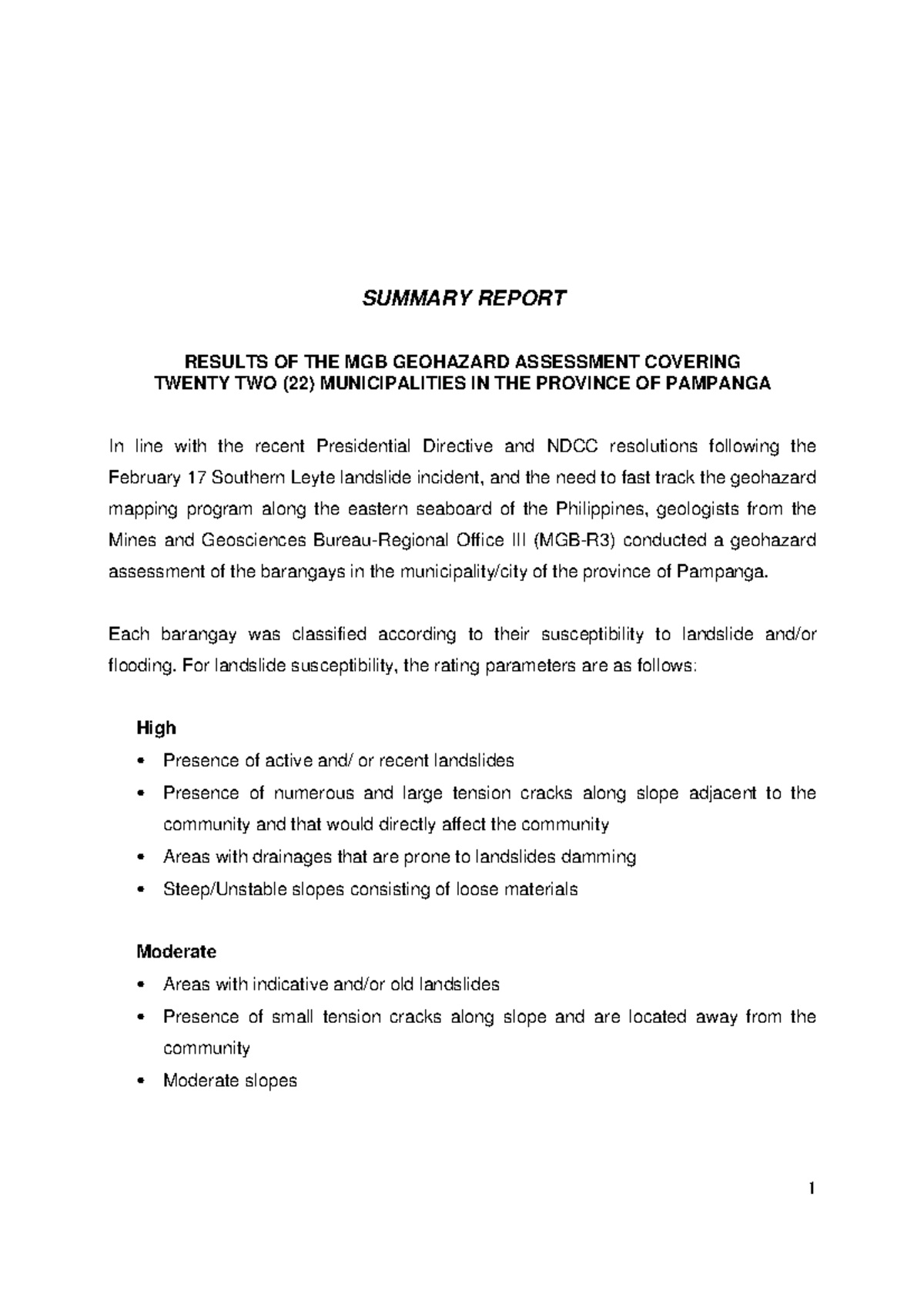 Pampanga flooding data - SUMMARY REPORT RESULTS OF THE MGB GEOHAZARD ...