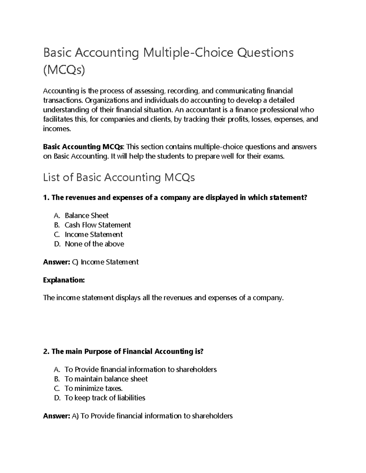 Basic Accounting Multiple - Basic Accounting Multiple-Choice Questions ...