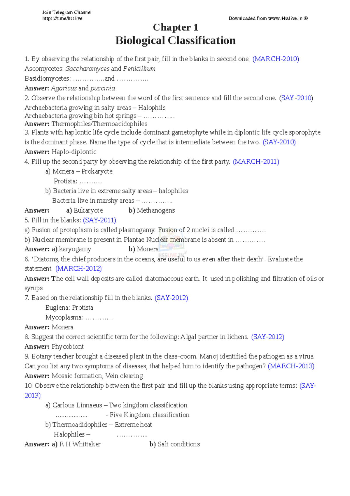 Hsslive xi botany previous questions answers 2010 2020 - Chapter 1 ...