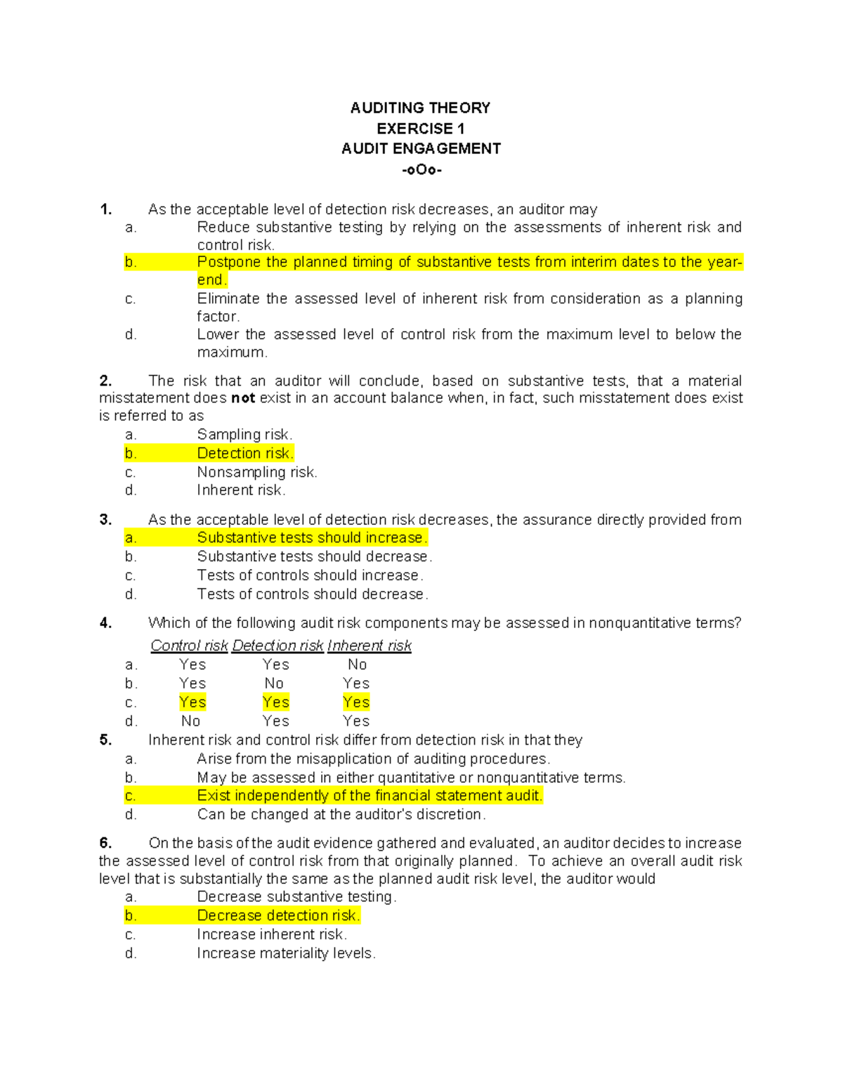 Exercise 1 Audit Engagement - AUDITING THEORY EXERCISE 1 AUDIT ENGAGEMENT oOo- As the acceptable ...