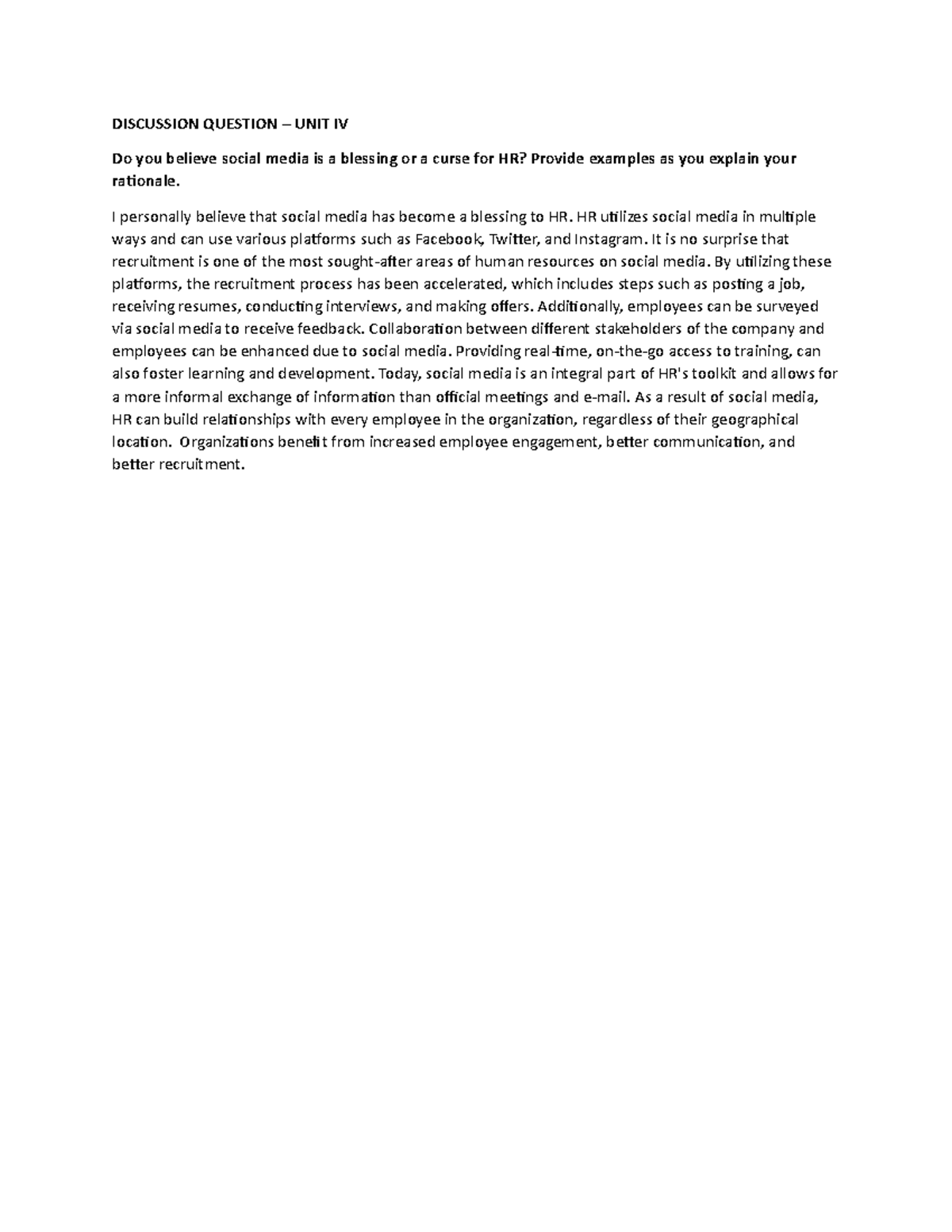 Discussion Question UNIT IV - HRM 5200 Emerging Trends in HR - DISCUSSION QUESTION – UNIT IV Do ...