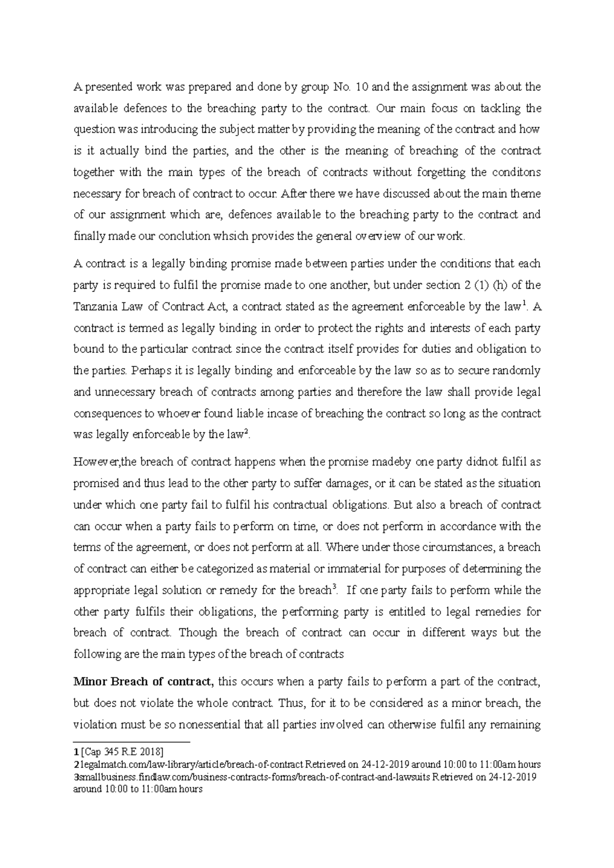 Defences to the breaching party of the contract - A presented work was ...