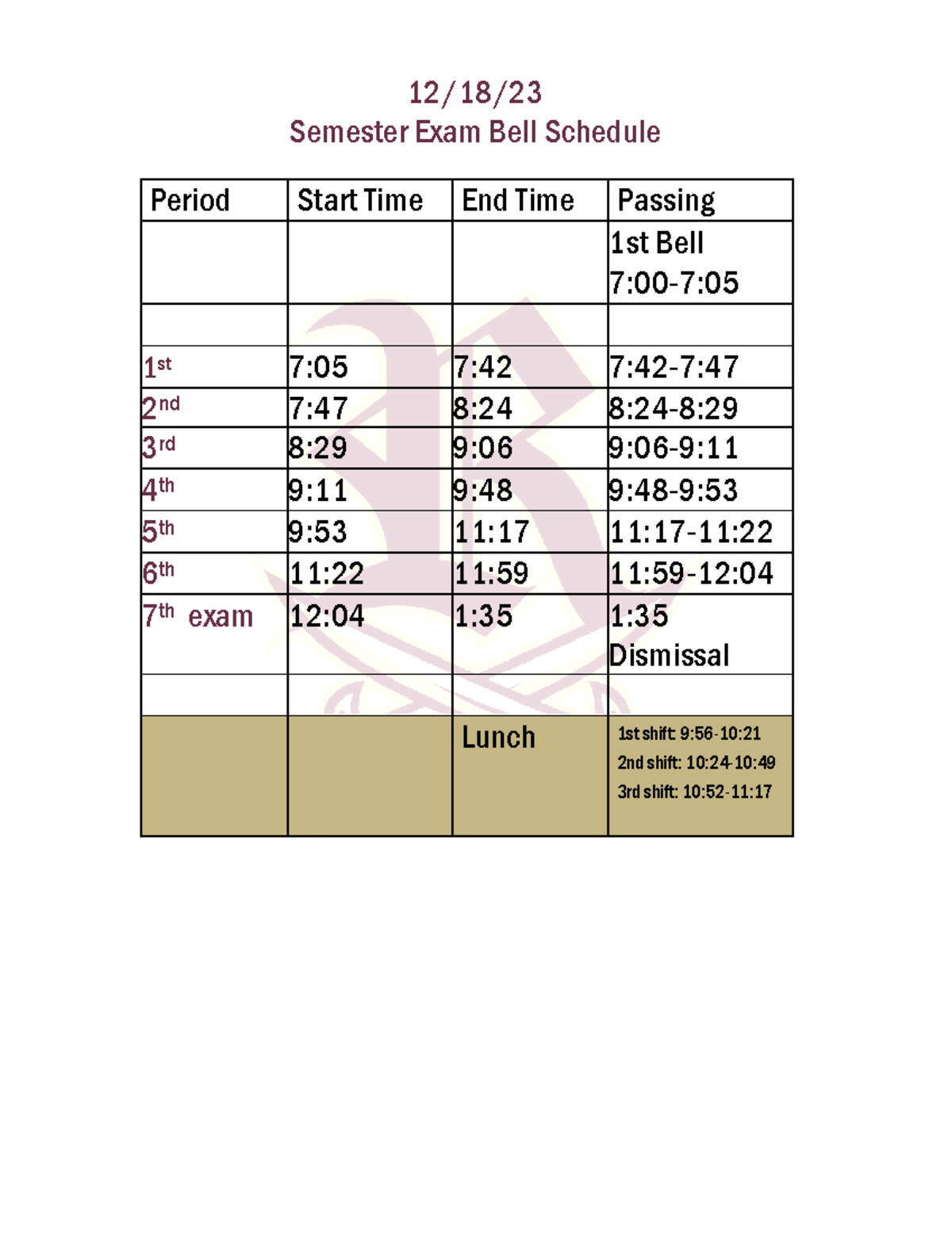 Semester Exam Bell Schedule 12-18-23 - 12 / 18 /2 3 Semester Exam Bell ...