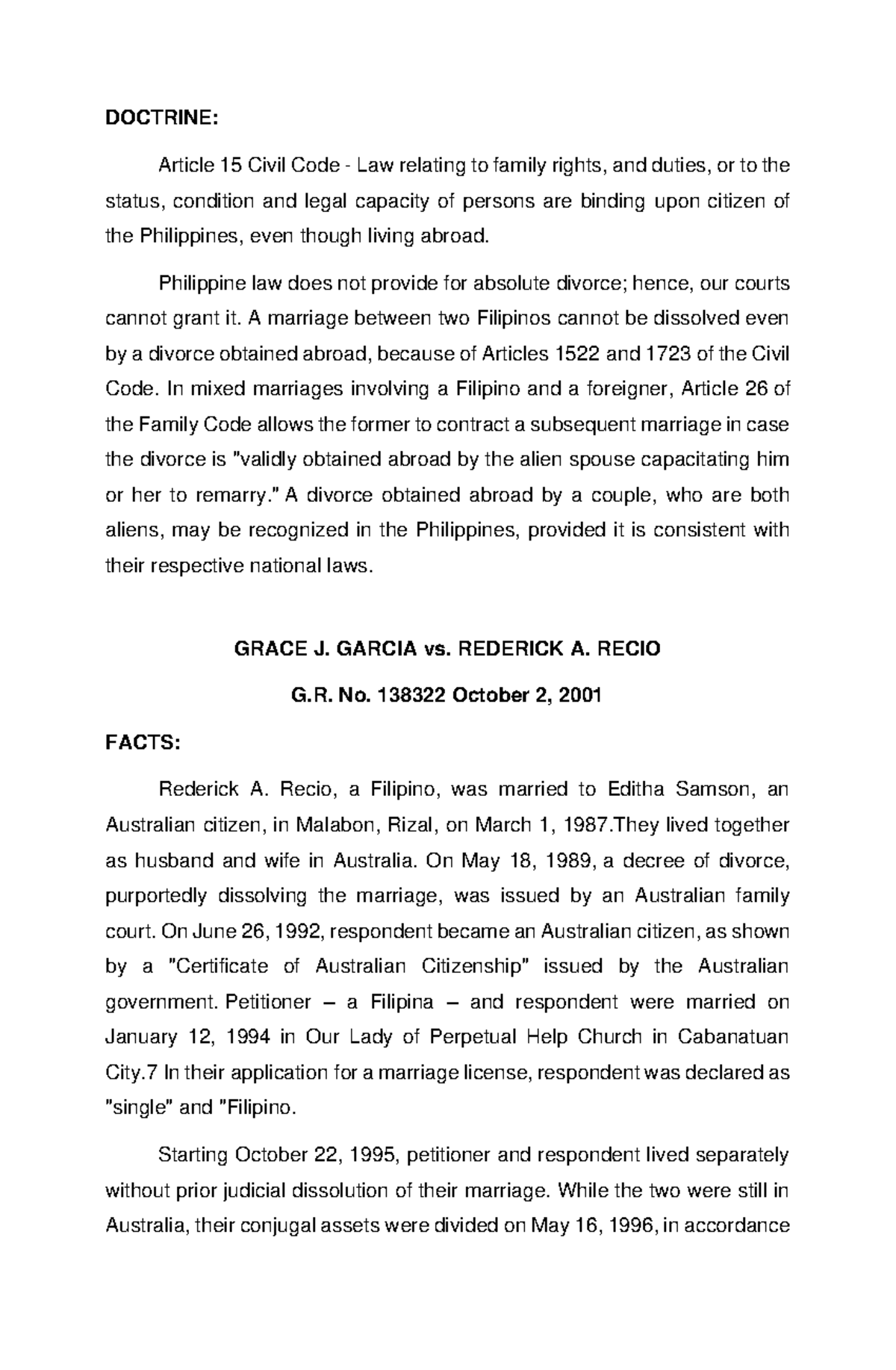 Grace J. Garcia- Recio vs. Rederick A. Recio - DOCTRINE: Article 15 ...